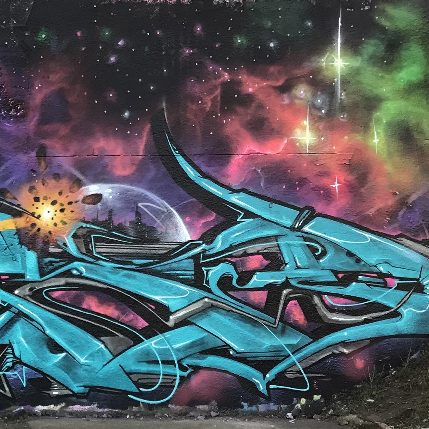 wall production by UK Graffiti artists EKTO, BRAVE and STER